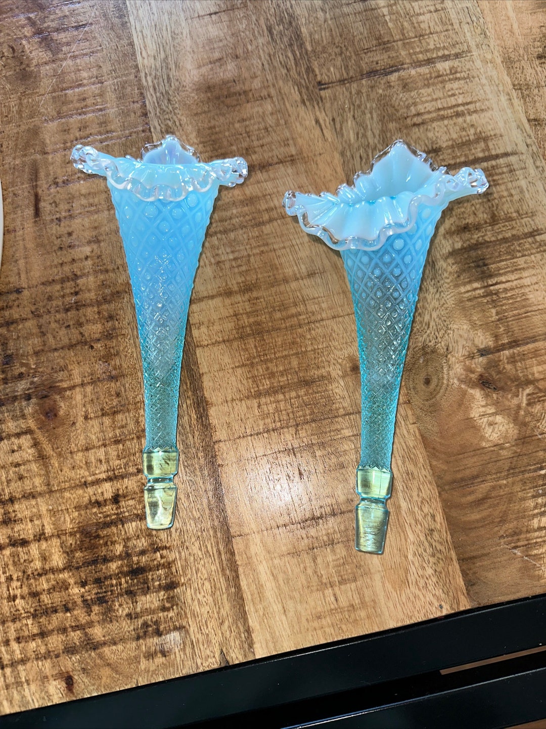 Fenton Epergne Horn Sea Blue Hobnail Opalescent Set of Two - Etsy