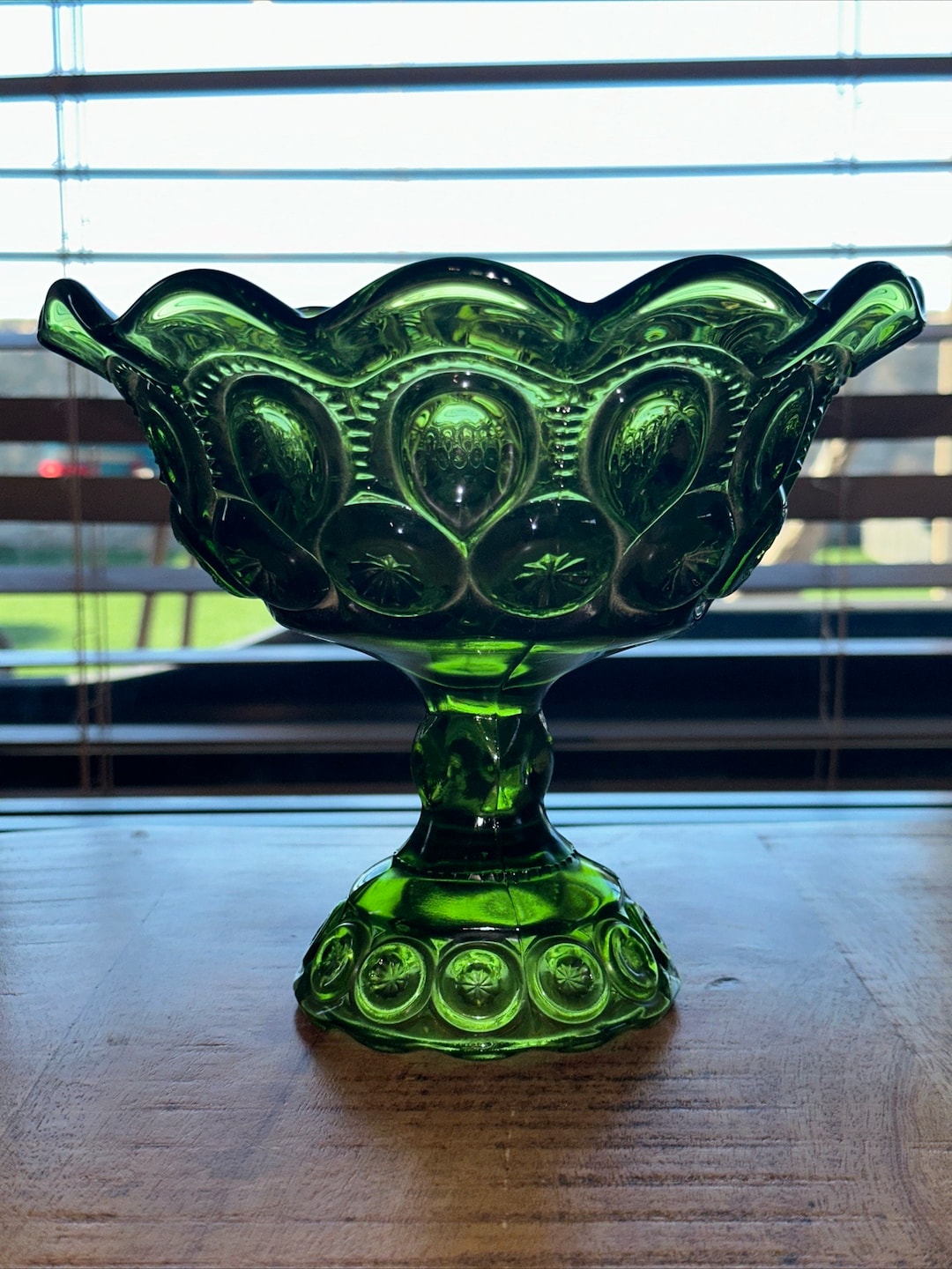 LE Smith Glass Compote Moon and Stars Green Pedestal Candy Dish Large ...