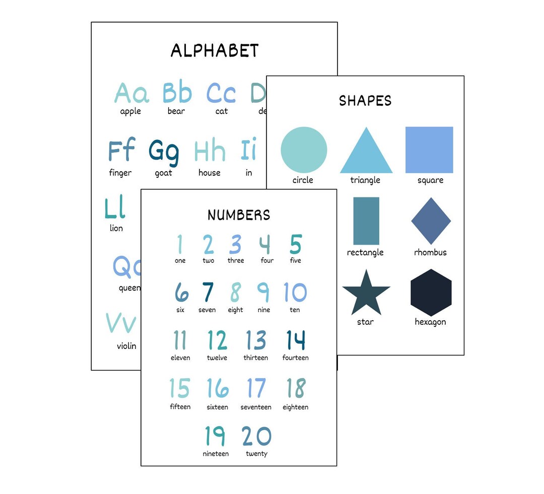 3 Pack of Educational Posters {blue} (alphabet, Numbers + Shapes) - Etsy