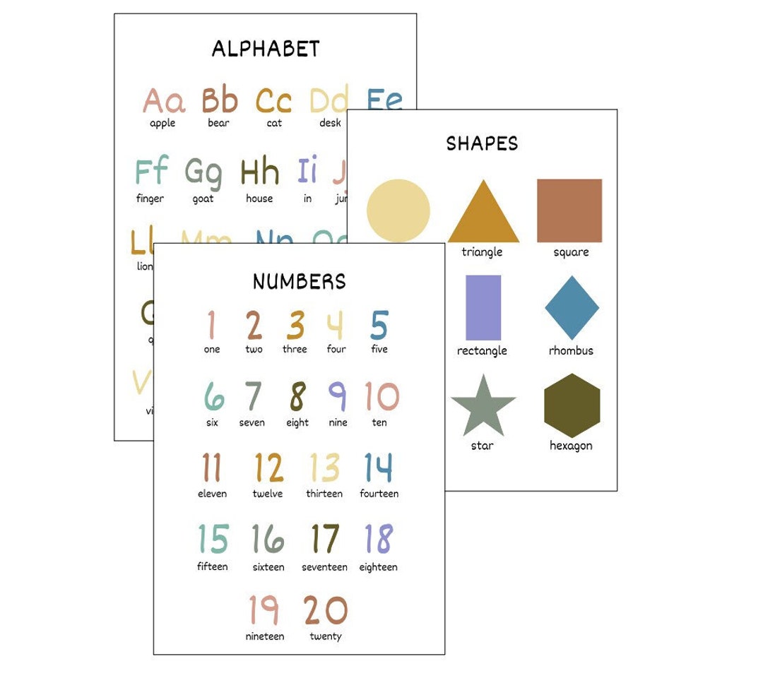 3 Pack of Educational Posters (alphabet, Numbers + Shapes) - Etsy