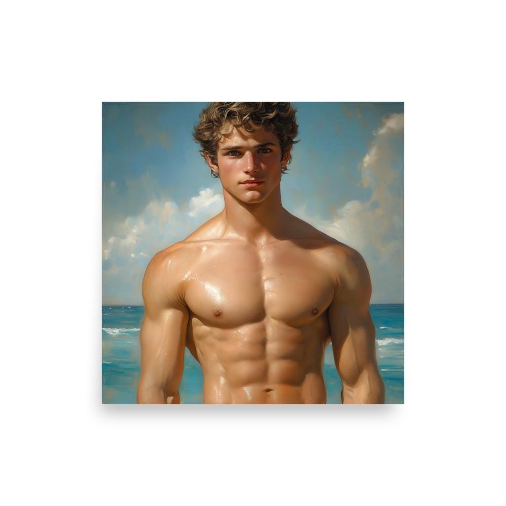 Adonis by the Aegean - Poster Print Painting Style of Shirtless Male ...