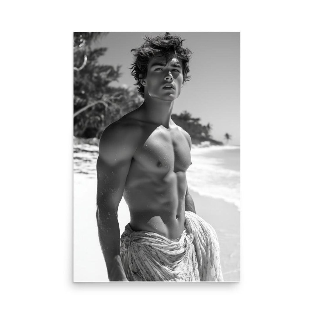 Shirtless Adonis on the Shore Poster Handsome Male Art Print Beach ...