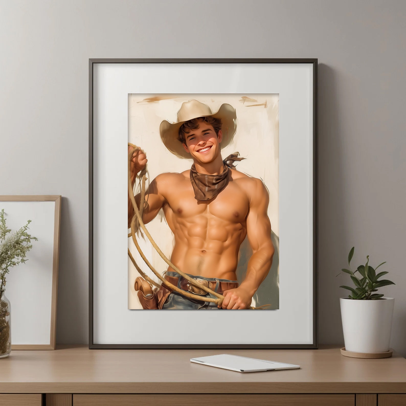 Smiling Cute Cowboy, Gay Male Poster Ai Art, Male Pin Up, Gay Pulp Art ...