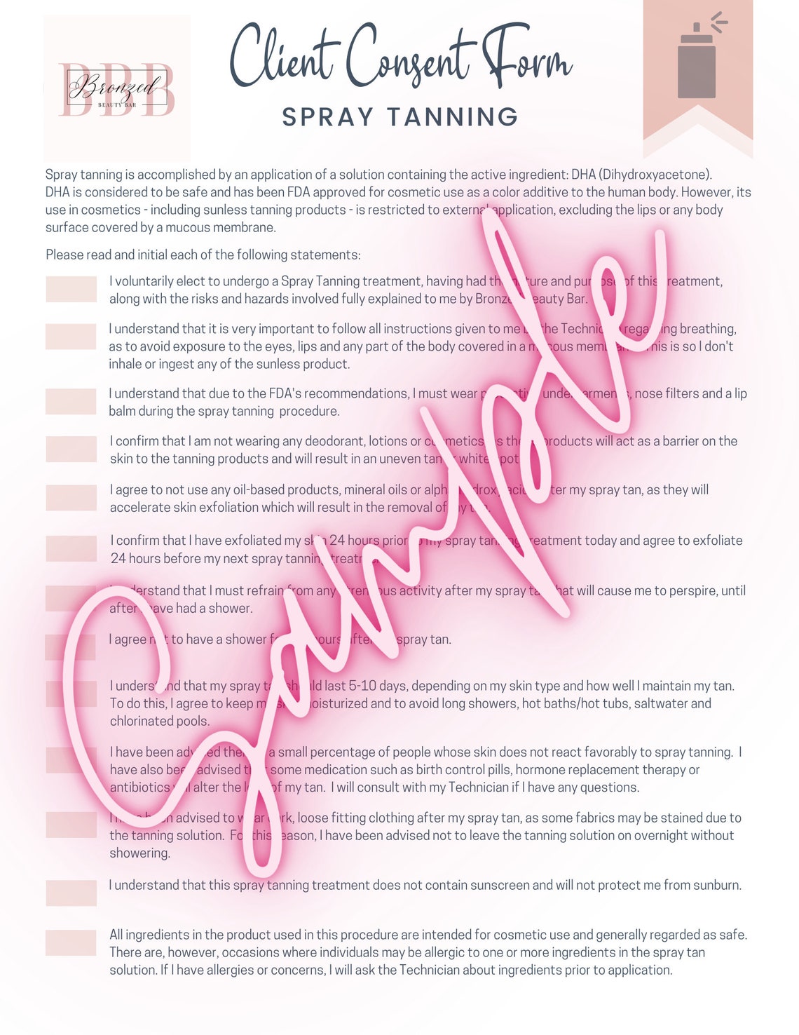 Spray Tan Client Consent Form - Etsy