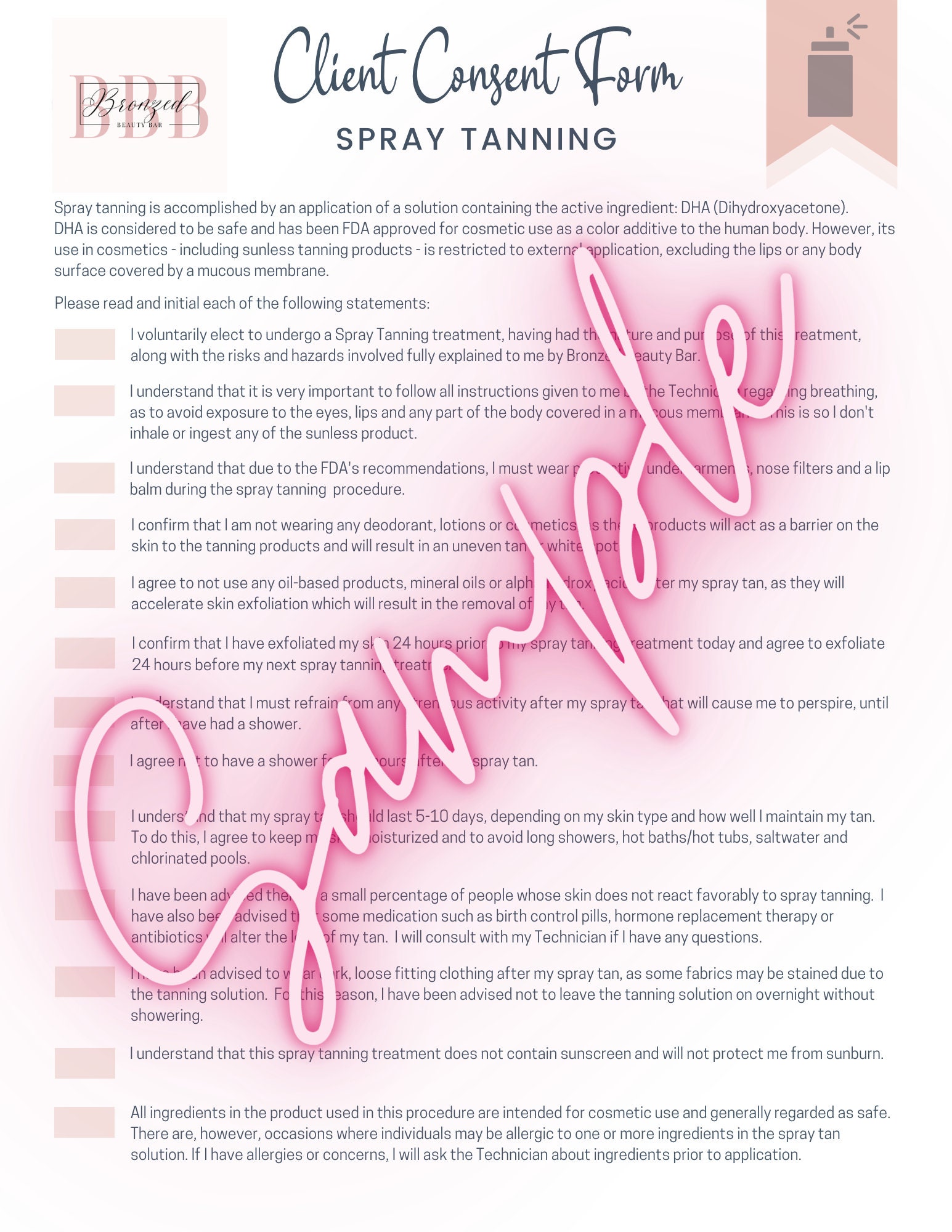 Spray Tan Client Consent Form - Etsy