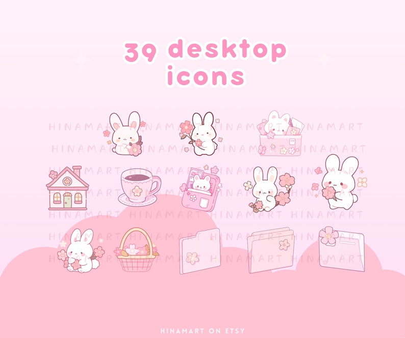 Sakura Bunny Pink Desktop Icons Set Cute Desktop Organizer Icon Kawaii ...