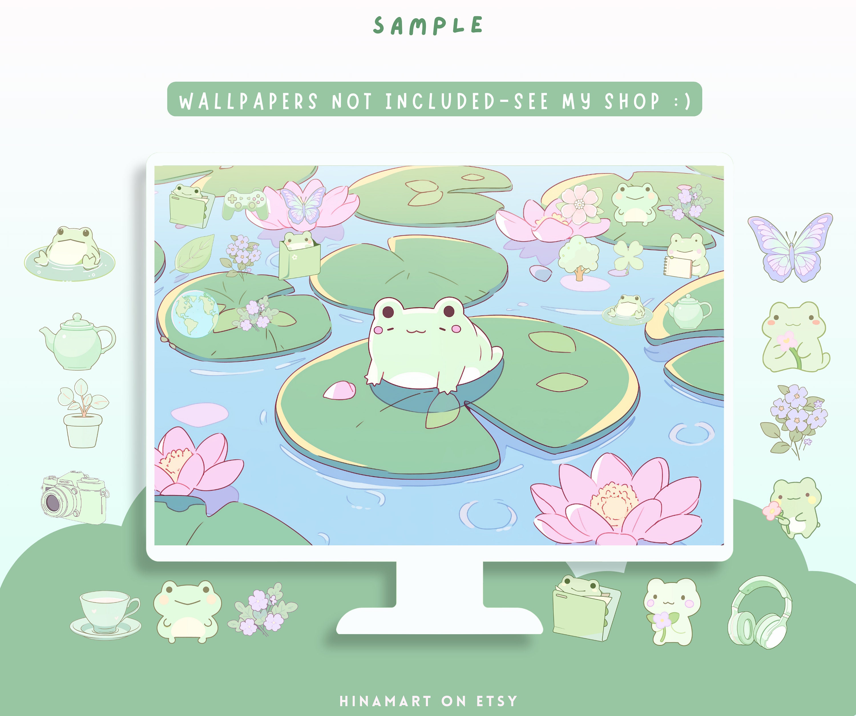 Pastel Frog Desktop Icons Set Cute Aesthetic Green Desktop Organizer ...