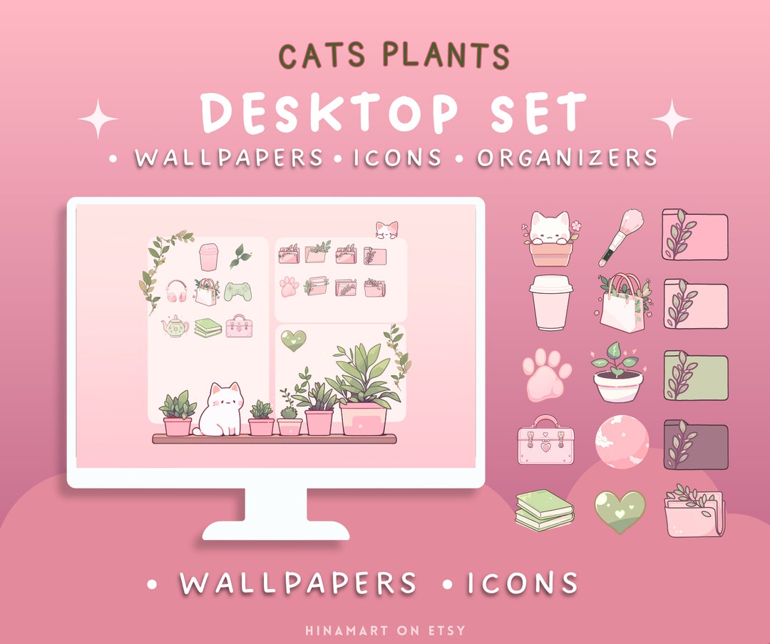 Cat Plant Computer Desktop Organizer Set Wallpapers Icons Cats Plants ...