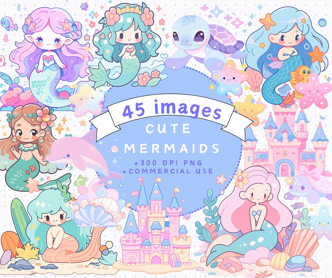 Cute Mermaids Clipart Bundle PNG, Little Sea Animals Clipart, Ocean ...