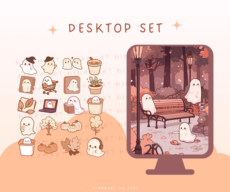 Autumn Ghosts Desktop Set Wallpaper Aesthetic Cute Desktop Icons Fall ...