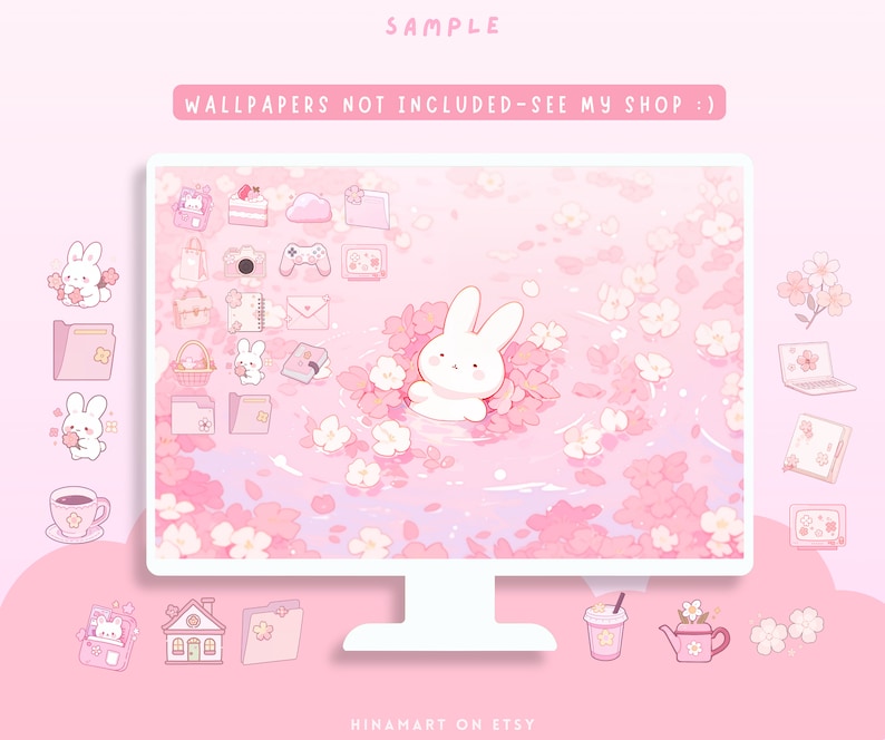 Sakura Bunny Pink Desktop Icons Set Cute Desktop Organizer Icon Kawaii ...