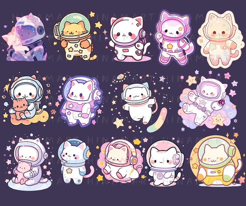 Celestial Space Cats Clipart Bundle, Cute Animal PNG Graphics, Cosmic ...