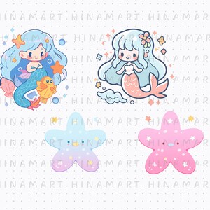 Cute Mermaids Clipart Bundle PNG, Little Sea Animals Clipart, Ocean ...