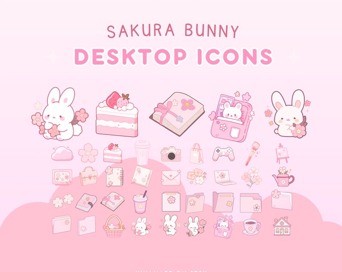 Sakura Bunny Pink Desktop Icons Set Cute Desktop Organizer Icon Kawaii ...