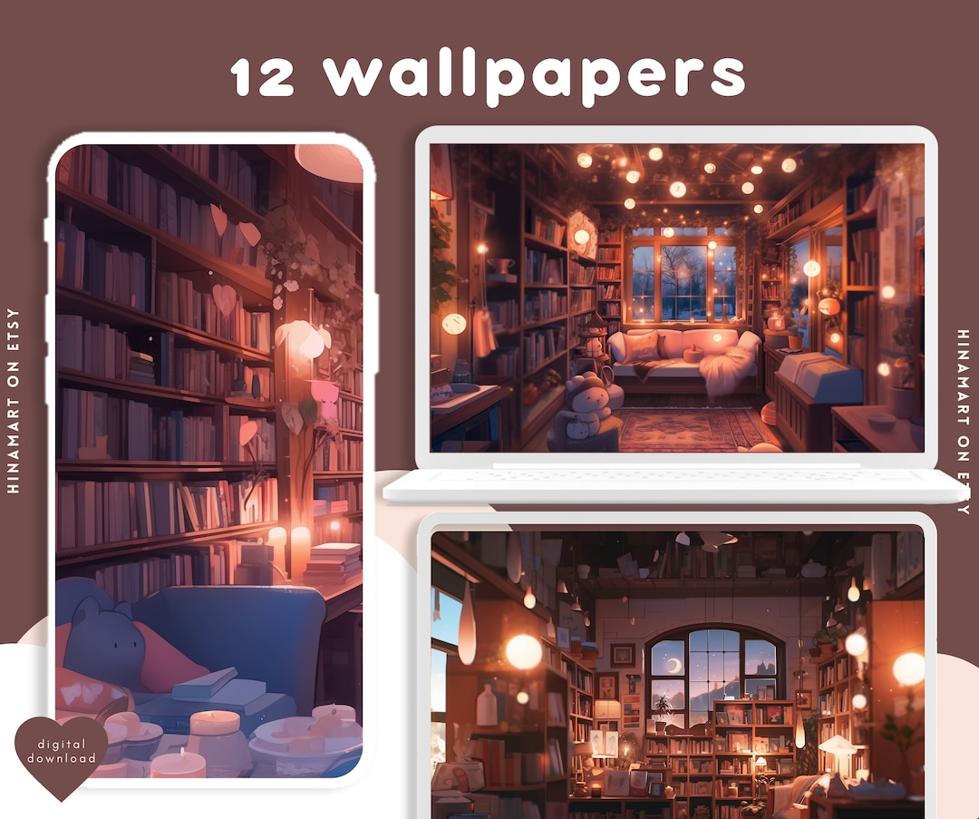 Cozy Library Aesthetic Book Lovers Wallpaper Bundle Pack Brown ...