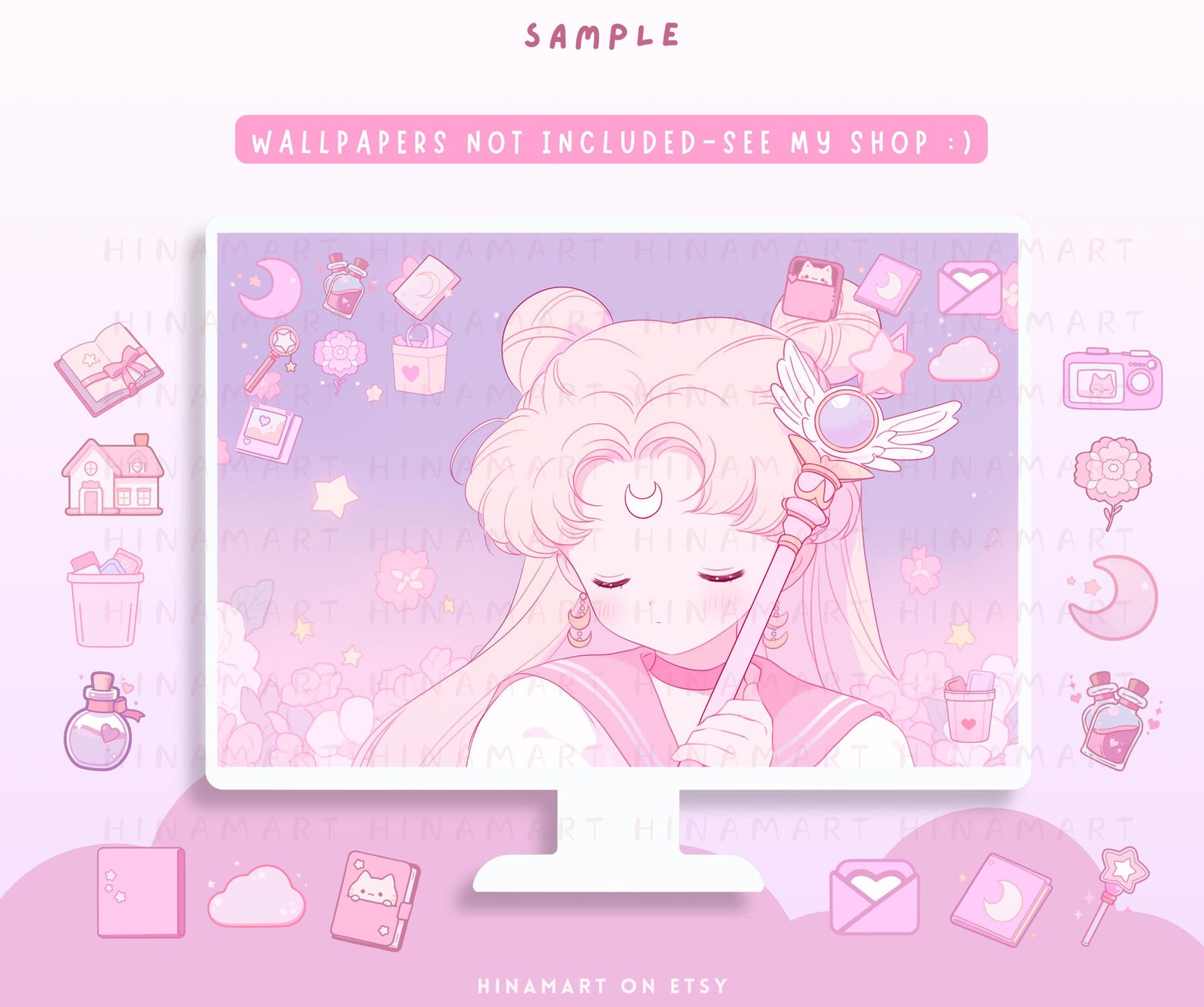 Moon Girl Desktop Icons Set Cute Desktop Organizer Icons Folders Kawaii ...