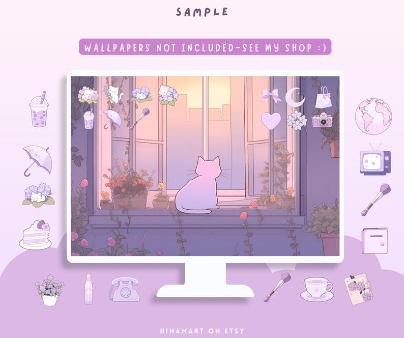 Purple Lofi Lilac Desktop Icons Set Cute Desktop Organizer Icon Kawaii ...