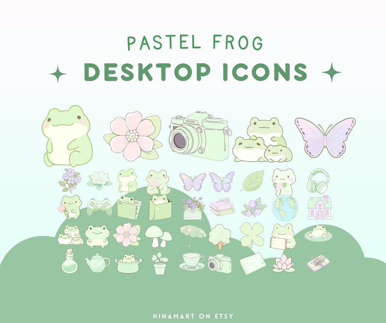 Pastel Frog Desktop Icons Set Cute Aesthetic Green Desktop Organizer ...