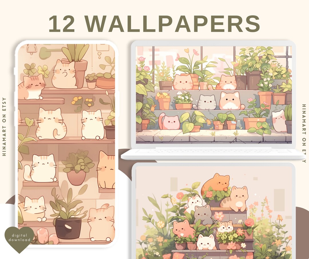 Cats Plants Wallpaper Pack Cute Books Cozy Wallpaper Kawaii Desktop Wallpapers Cat Kitten Soft ...