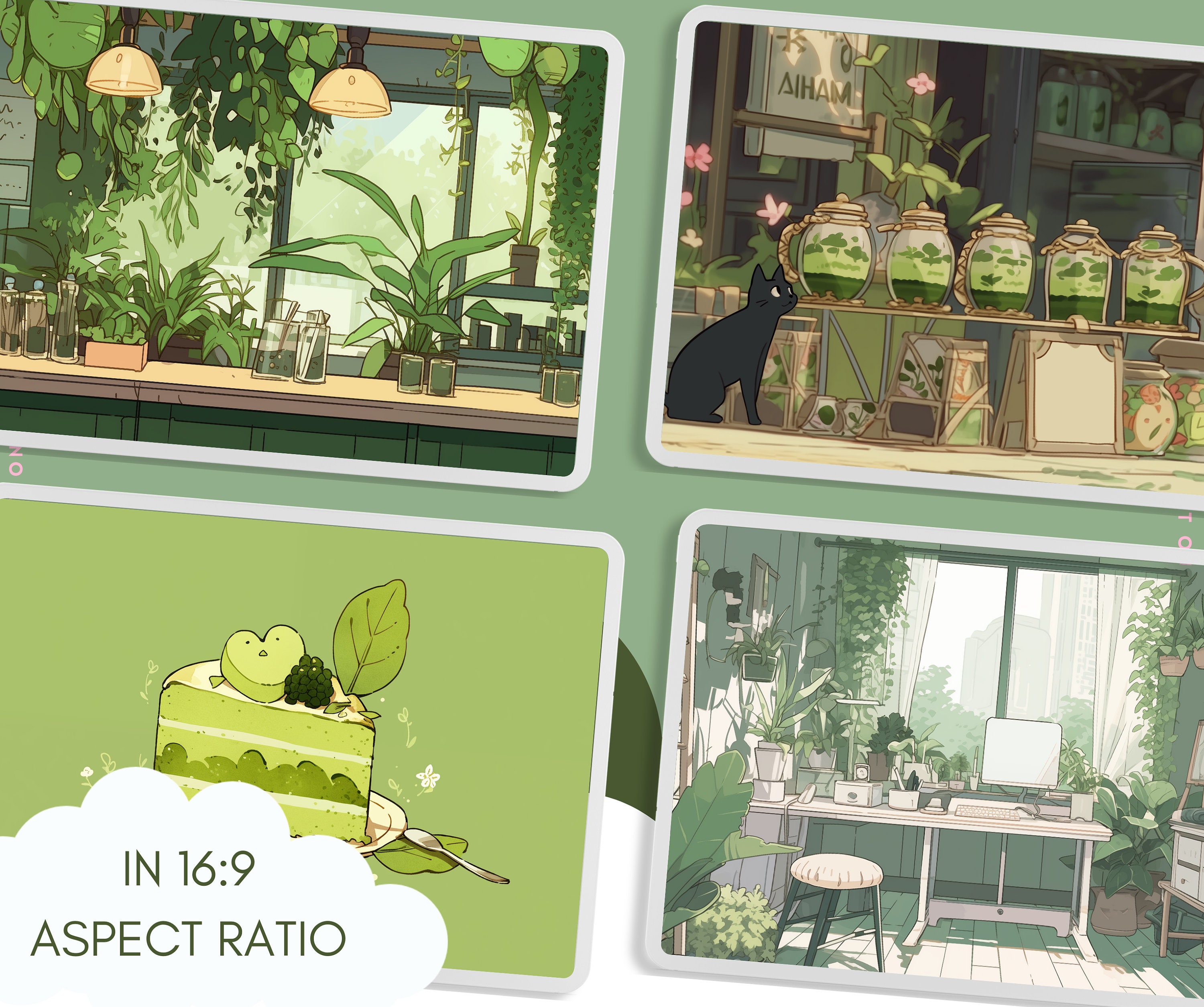 Lofi Matcha Green Wallpapers Pack Cute Art Kawaii Scenery Cat Coffee Background Cozy Anime ...