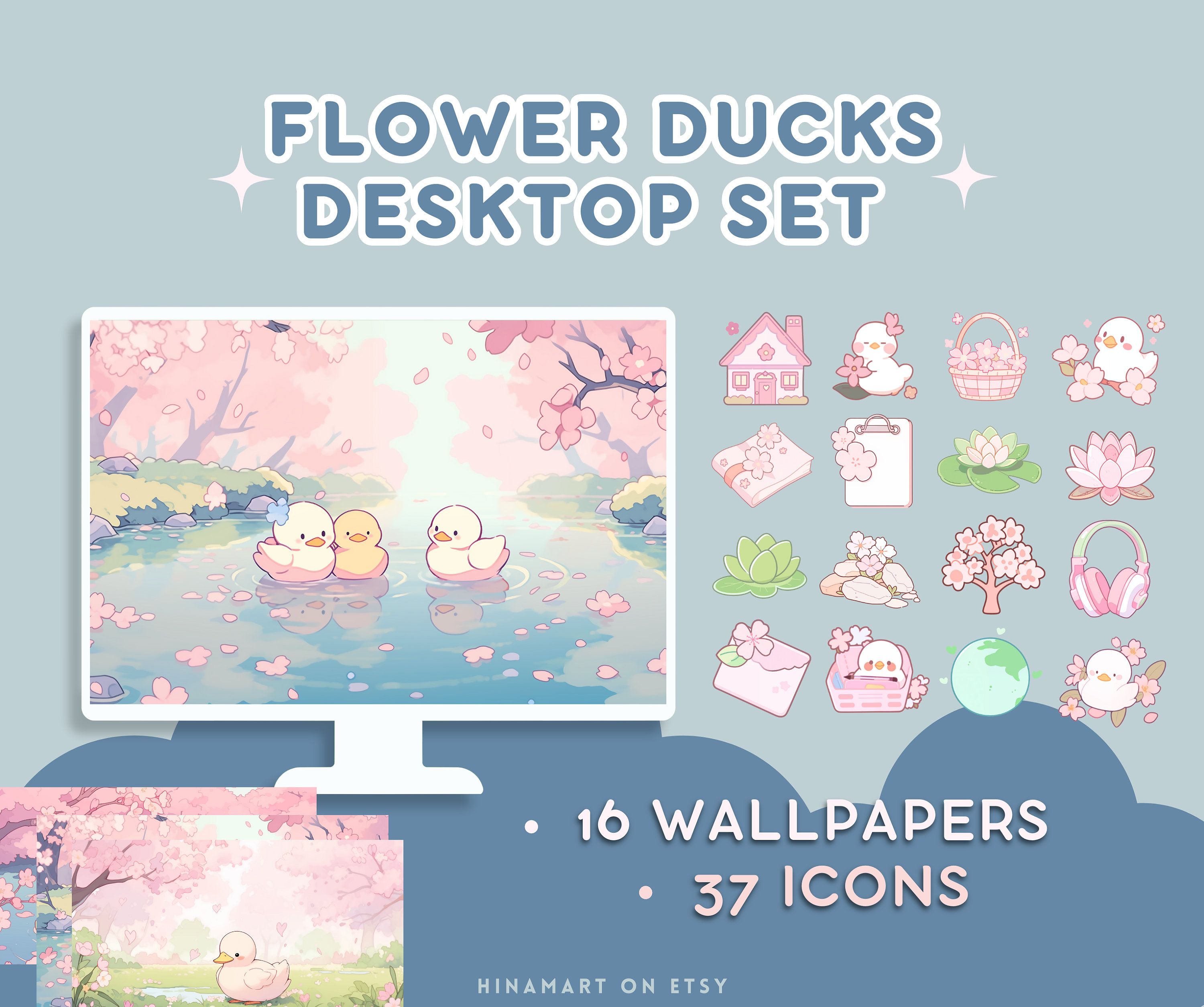 Flower Ducks Sakura Desktop Set Wallpapers Icons Cute Desktop Organizer ...