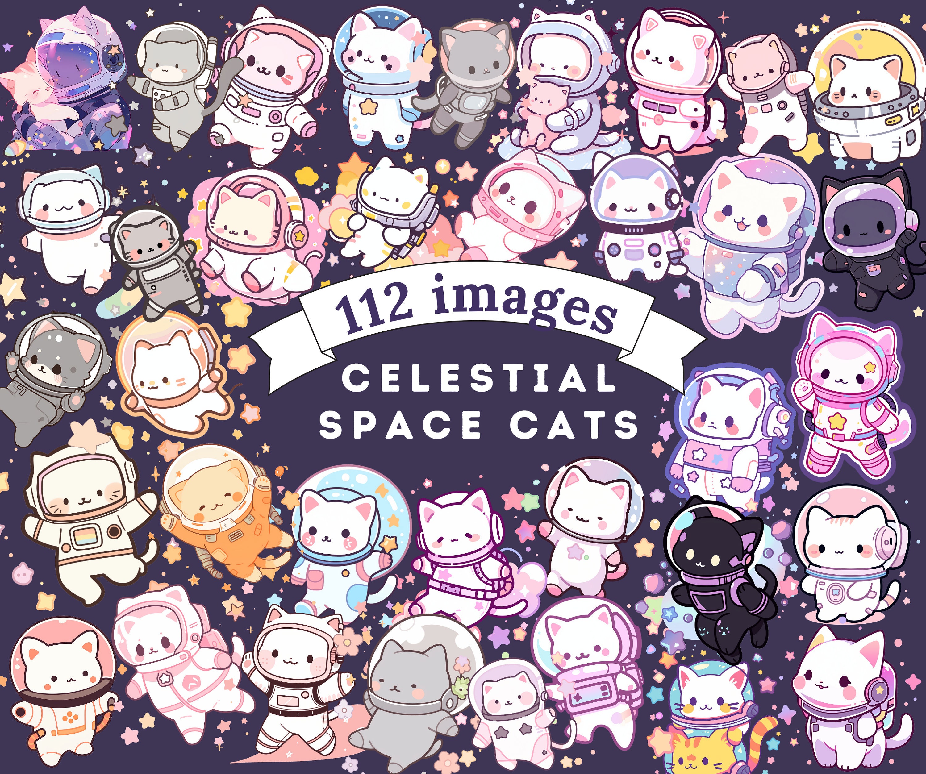 Celestial Space Cats Clipart Bundle, Cute Animal PNG Graphics, Cosmic ...