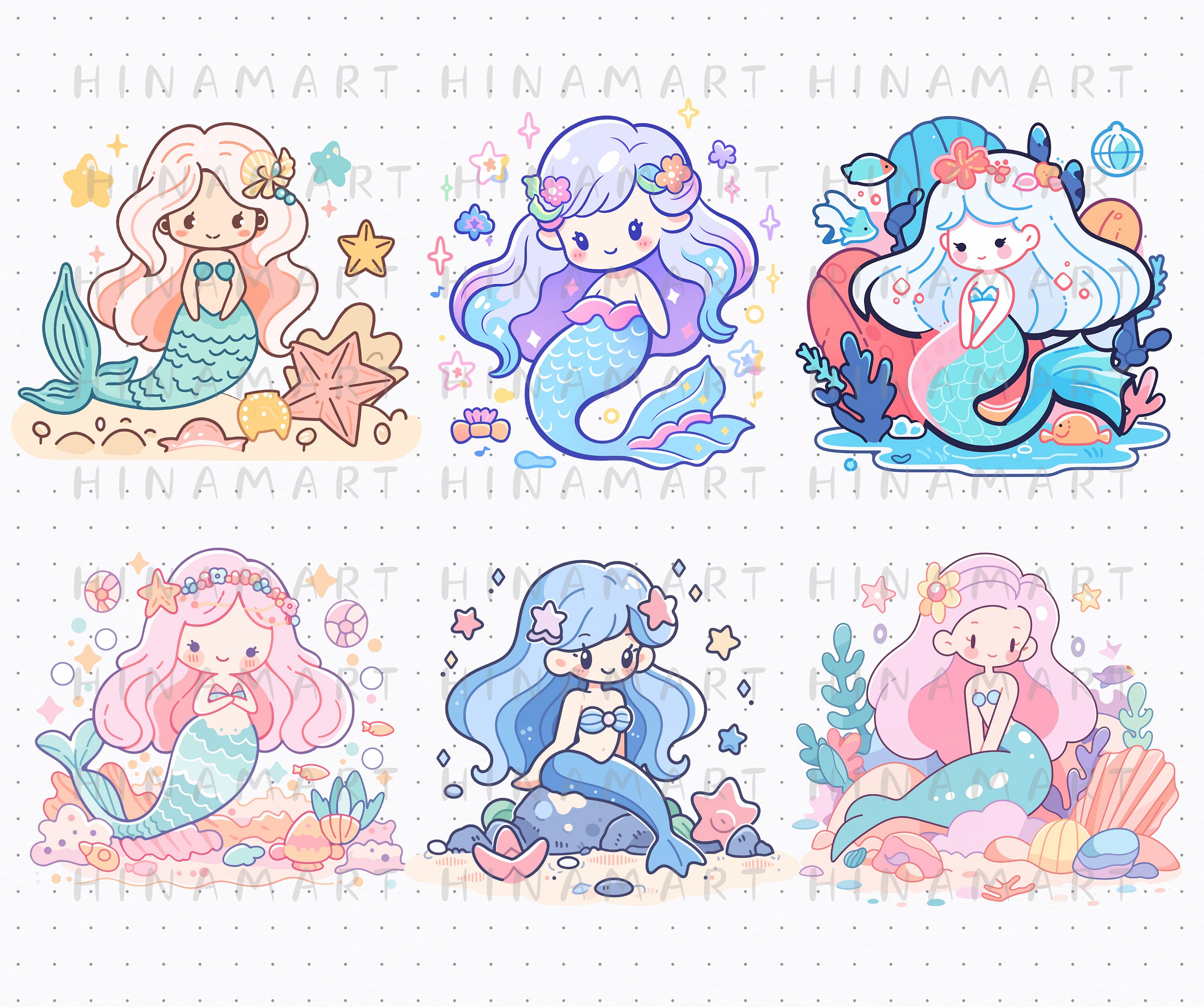 Cute Mermaids Clipart Bundle PNG, Little Sea Animals Clipart, Ocean ...