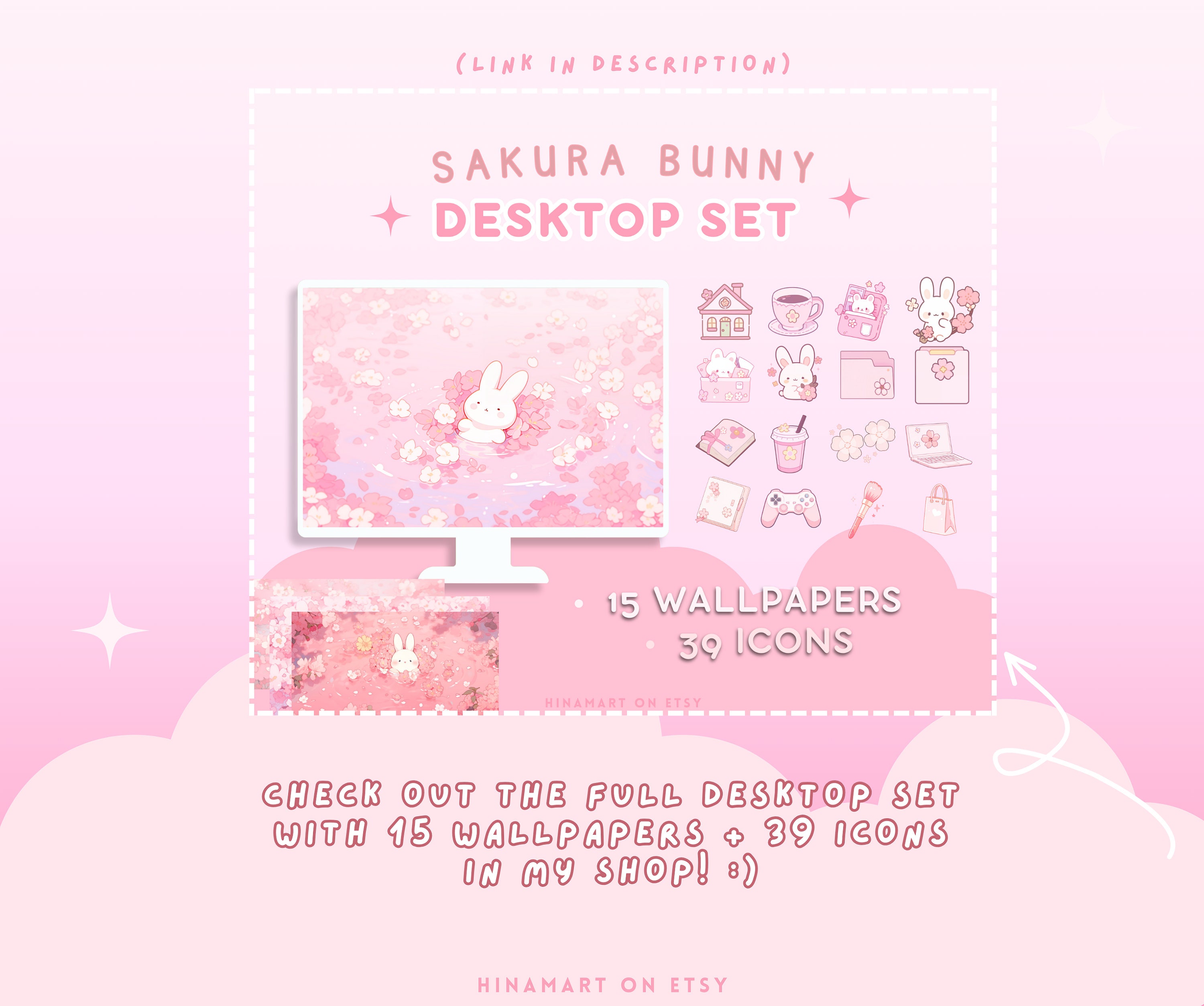 Sakura Bunny Pink Desktop Icons Set Cute Desktop Organizer Icon Kawaii ...