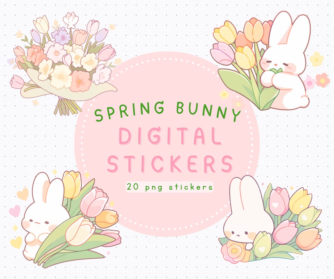 Spring Bunnies Png Kawaii Digital Sticker Easter Tulip Flower Png Cute ...