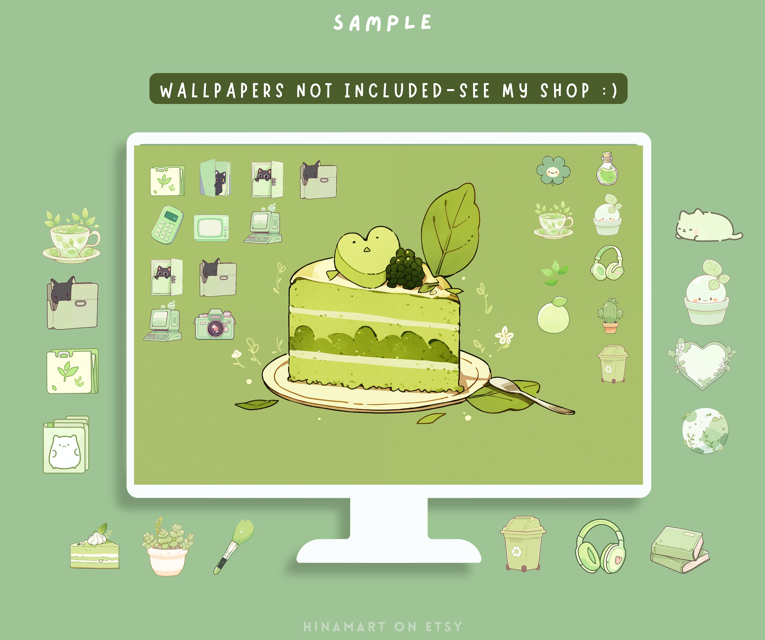 Green Lofi Matcha Desktop Icons Set Cute Desktop Organizer Icon Kawaii ...