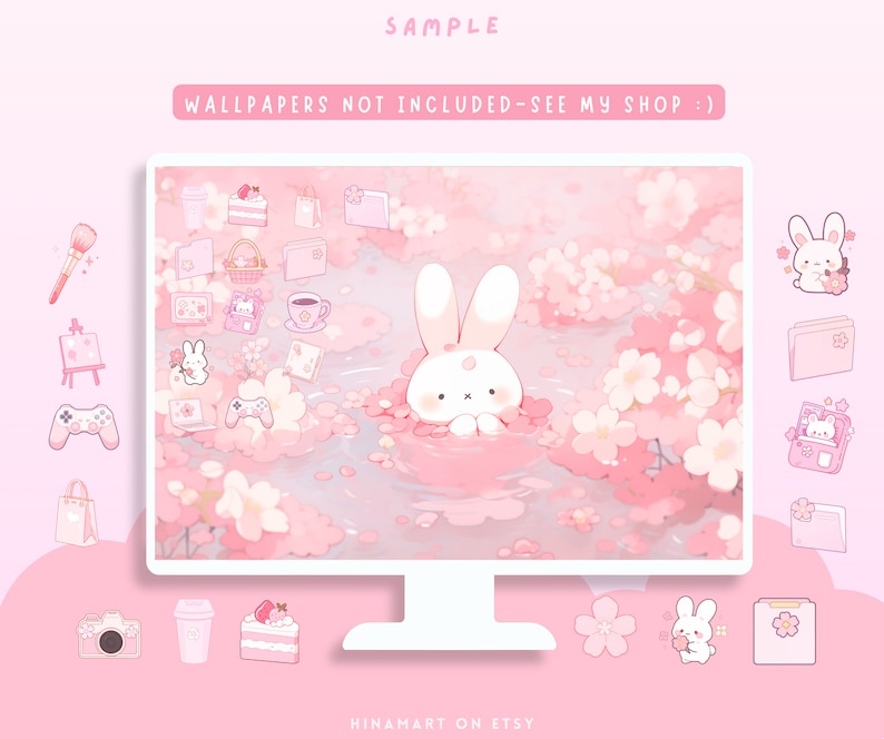 Sakura Bunny Pink Desktop Icons Set Cute Desktop Organizer Icon Kawaii ...
