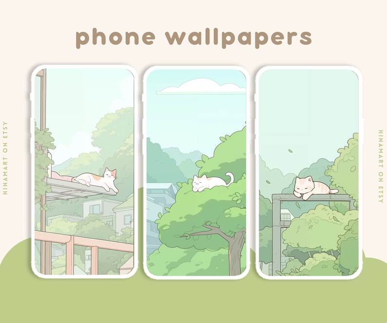 Green Cats Wallpaper Set Plants Wallpaper Cozy Lofi Wallpaper Desktop ...
