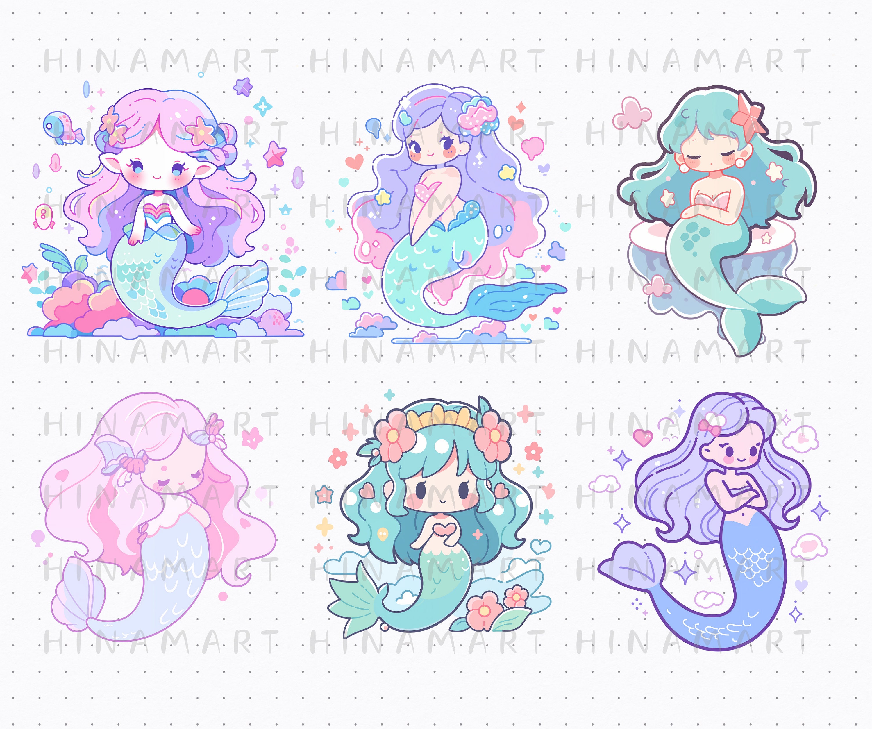 Cute Mermaids Clipart Bundle PNG, Little Sea Animals Clipart, Ocean ...