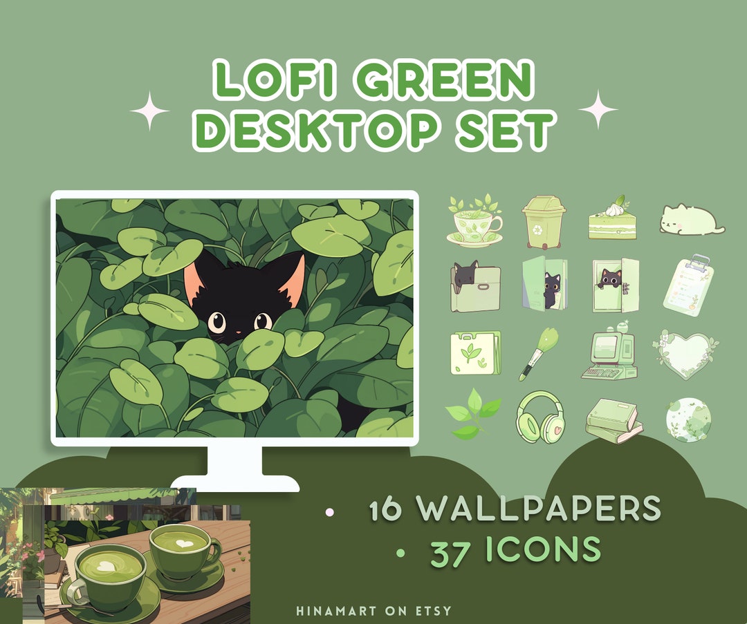 Lofi Matcha Green Desktop Set Wallpapers Icons Cute Desktop Organizer ...