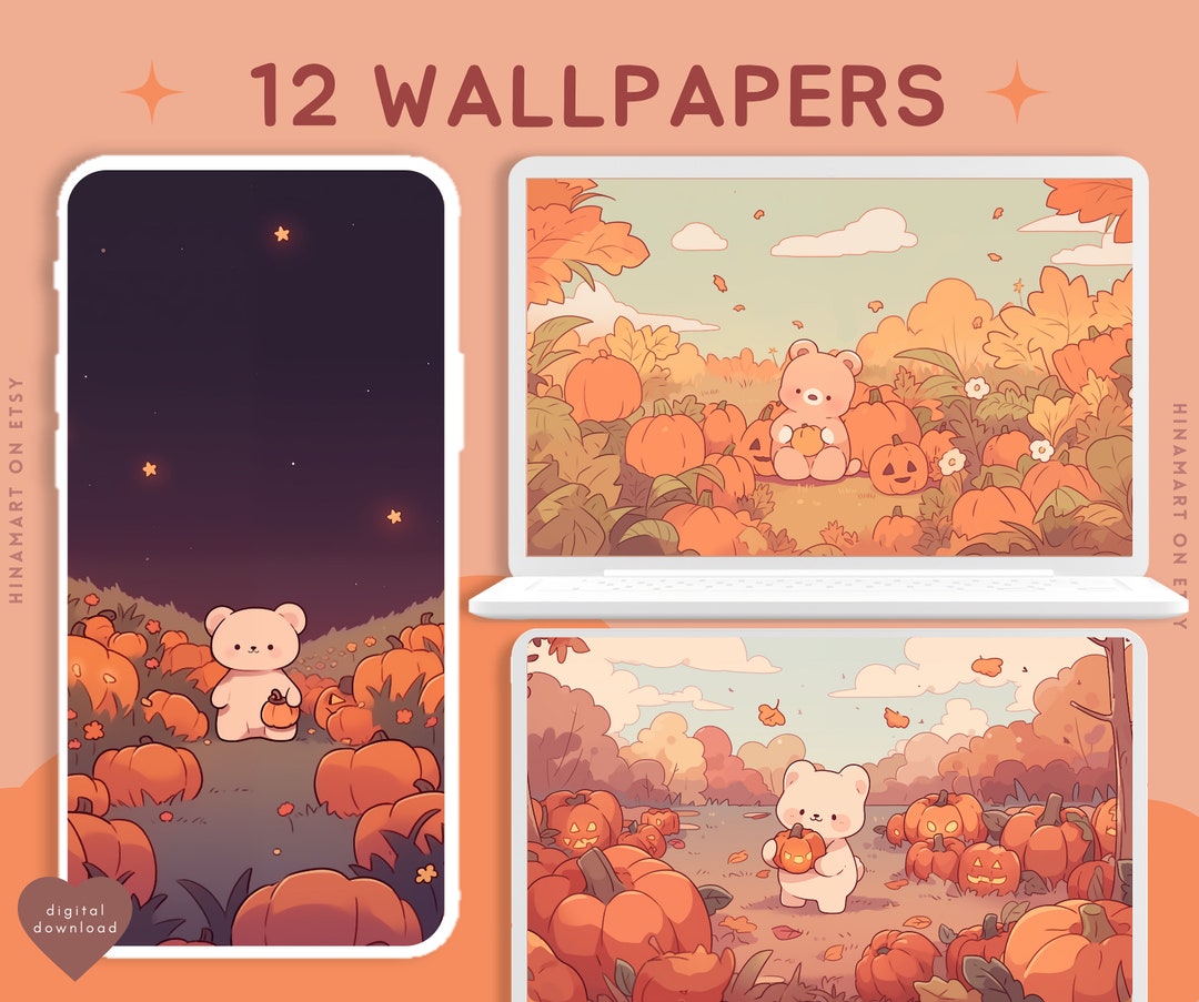 Cute Autumn Bears Wallpaper Fall Pumpkin Wallpaper Kawaii Pastel ...