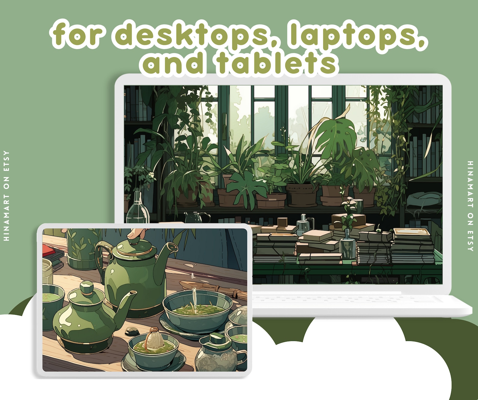 Lofi Matcha Green Wallpapers Pack Cute Art Kawaii Scenery Cat Coffee ...