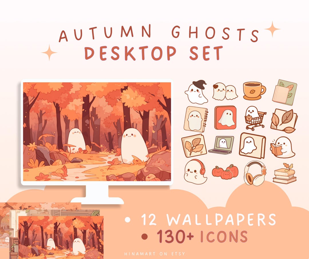 Autumn Ghosts Desktop Set Wallpaper Aesthetic Cute Desktop Icons Fall ...