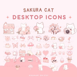 Sakura Cat Pink Desktop Icons Set Cute Desktop Organizer Icon Kawaii ...