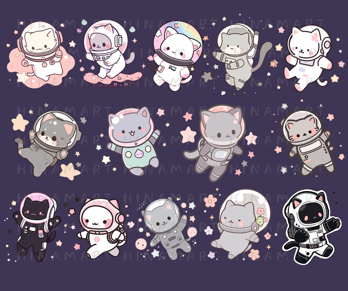 Celestial Space Cats Clipart Bundle, Cute Animal PNG Graphics, Cosmic ...