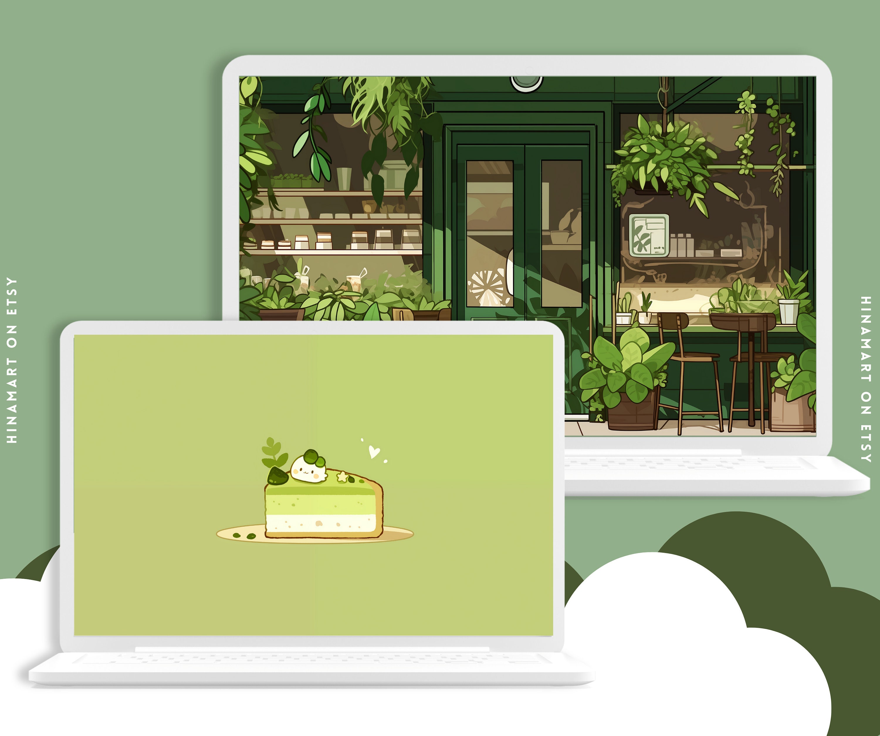 Lofi Matcha Green Wallpapers Pack Cute Art Kawaii Scenery Cat Coffee ...