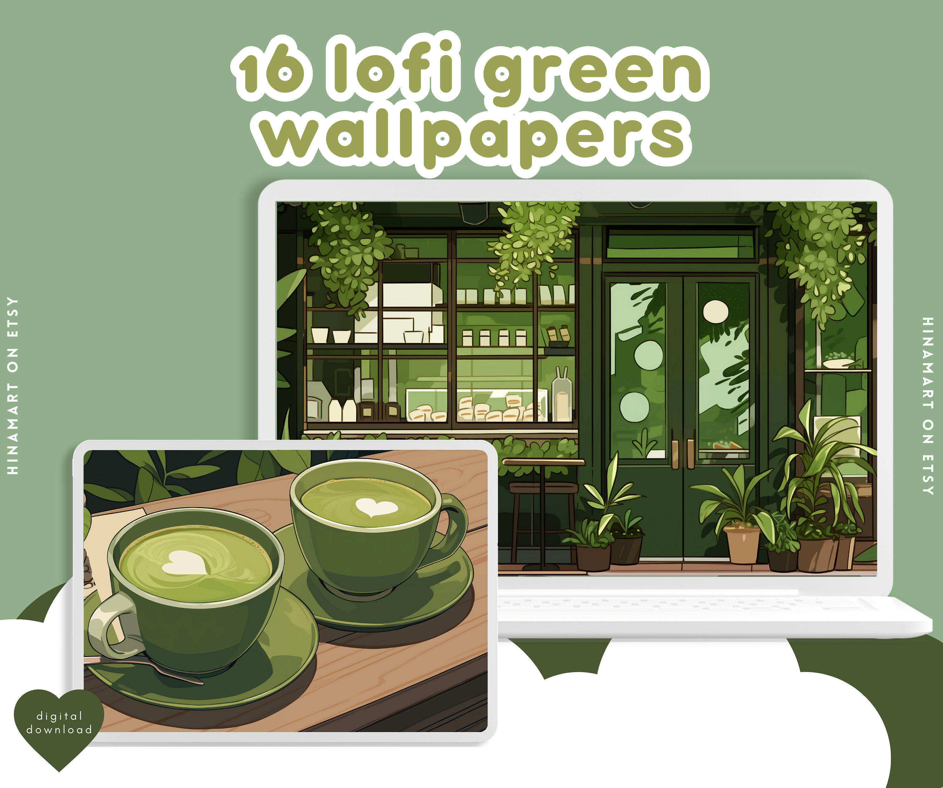 Lofi Matcha Green Wallpapers Pack Cute Art Kawaii Scenery Cat Coffee ...