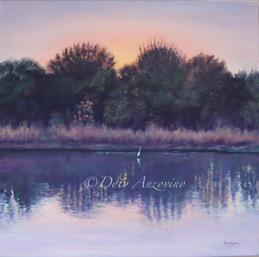 Evening Egret: Original Oil Painting, Winhaven Park Scene (18” X 18 ...