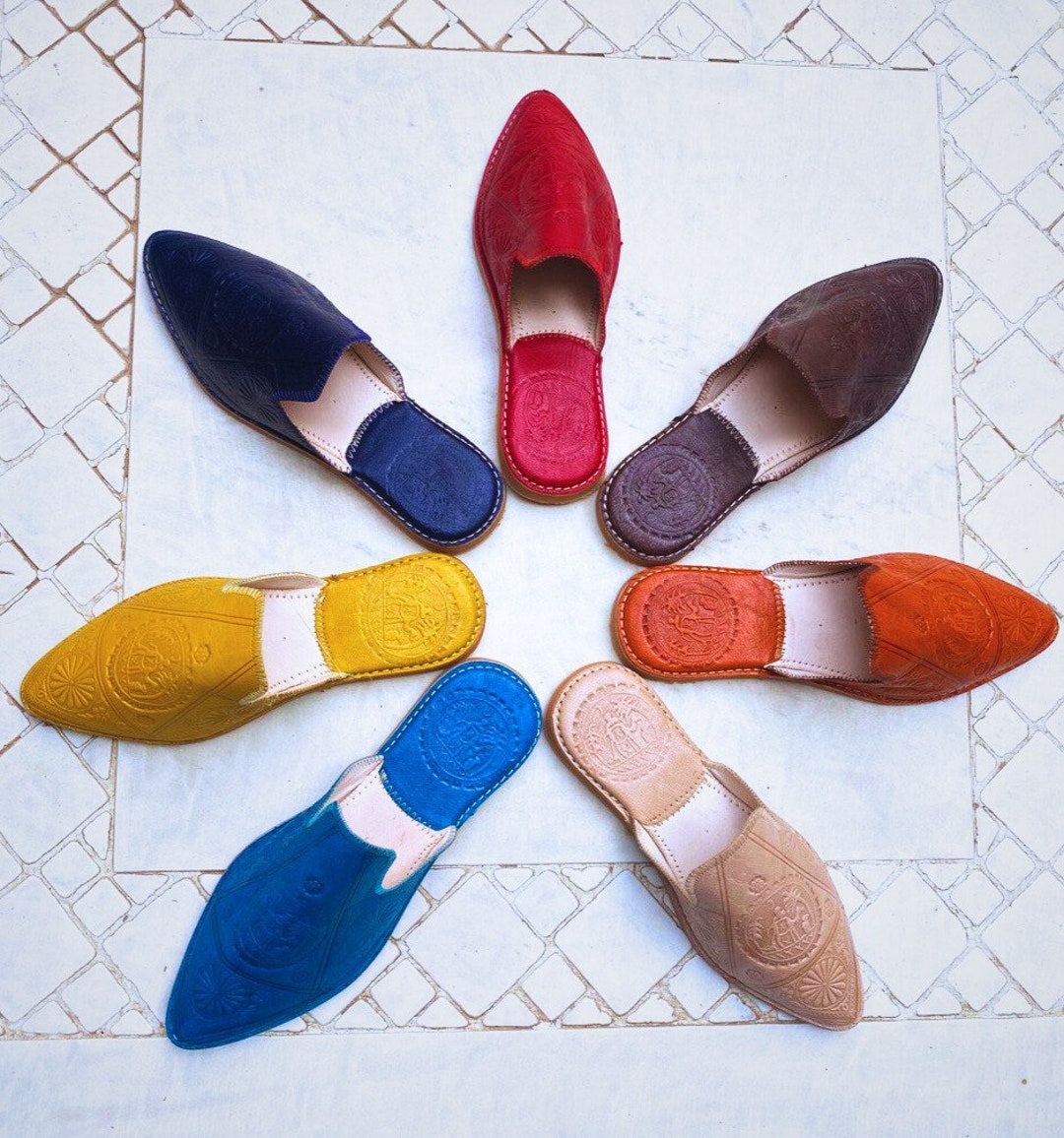 Women Leather Slides Traditional Embroidered Sandals Handmade Babouche ...