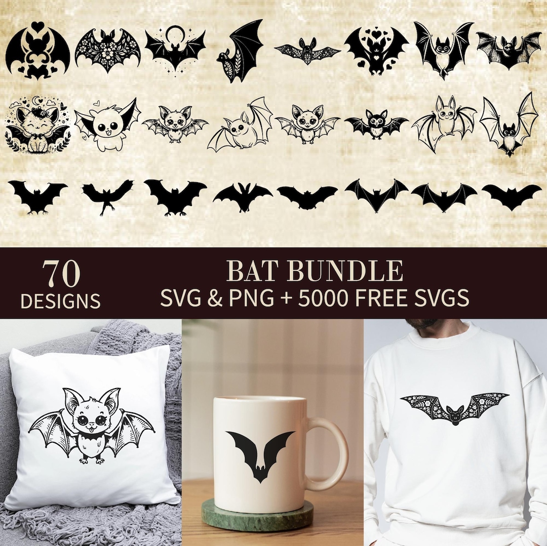 Cute Bat SVG Silhouette Bundle, 70 Bat PNG, Bat Clip Art Cut File ...