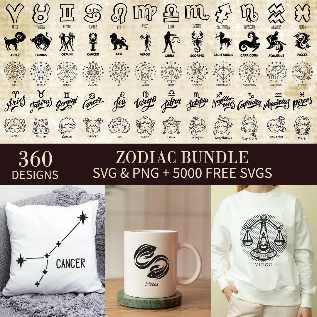 Zodiac Sign Bundle SVG, Astrology Signs SVG, Zodiac PNG, Zodiac ...