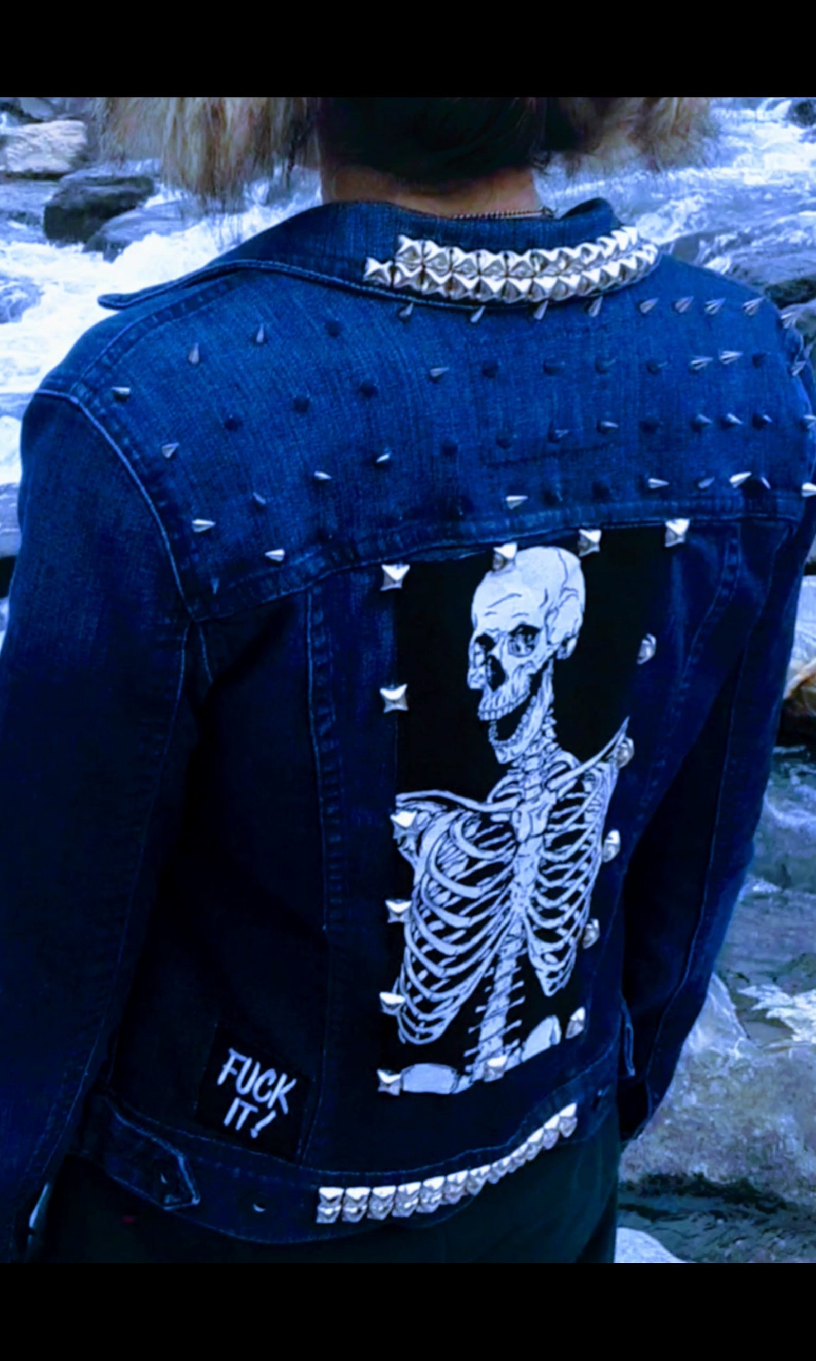 XS Hand-stitched Punk Inspired Skeleton Patched, Spiked Jean Jacket - Etsy