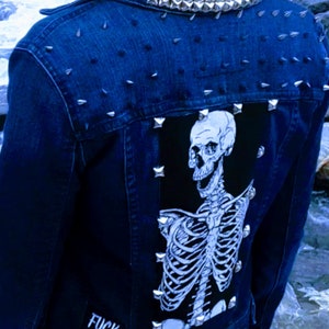 XS Hand-stitched Punk Inspired Skeleton Patched, Spiked Jean Jacket - Etsy