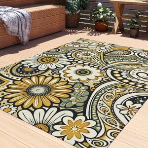 Paisley Daisy Outdoor Rug. Featuring Yellow, Sage, and Cream in a Fresh ...
