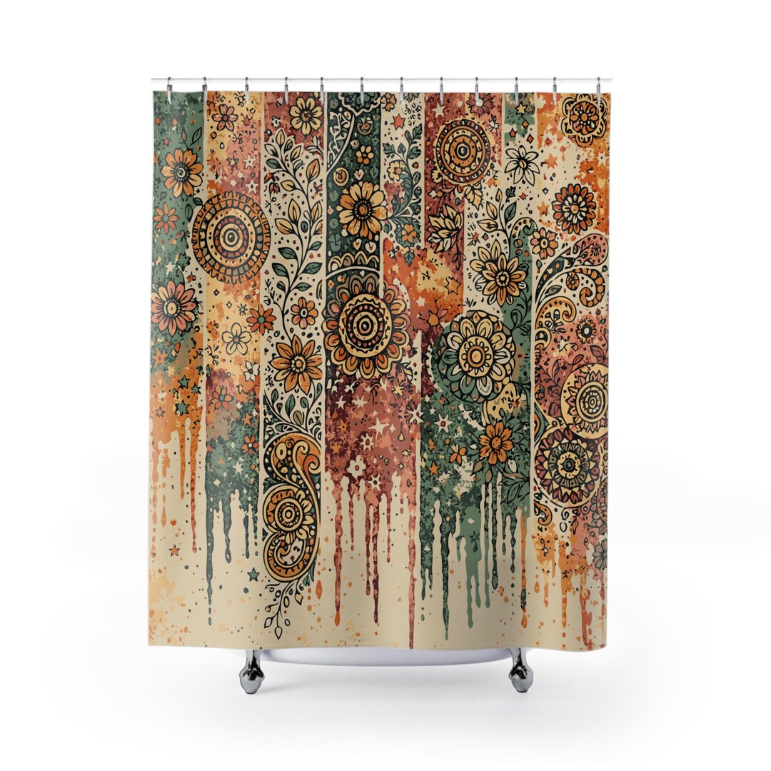 Bohemian Hippie Panels Cloth Shower Curtain. Bands of Groovy Florals ...