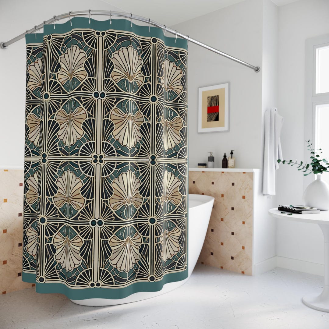 Art Deco-inspired Cloth Shower Curtain. Featuring a Sketched Shell ...